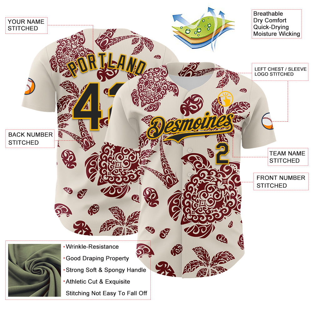 Custom Cream Black Crimson-Gold 3D Polynesian Style Palm Trees Islander Authentic Baseball ...