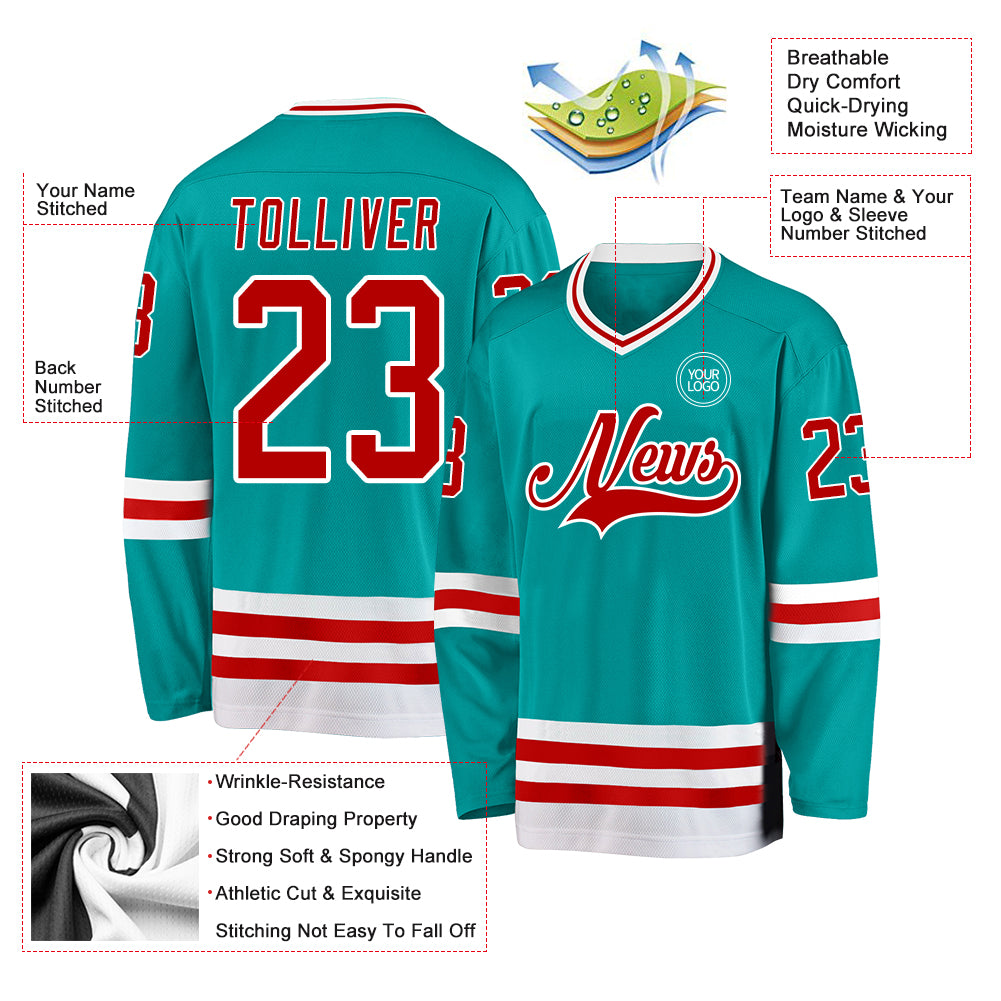 Custom Aqua Red-White Hockey Jersey Free Shipping | DIYOJ