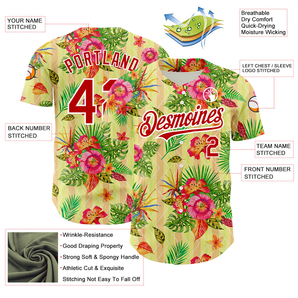 Custom Neon Yellow Red-White 3D Pattern Design Tropical Flower And ...