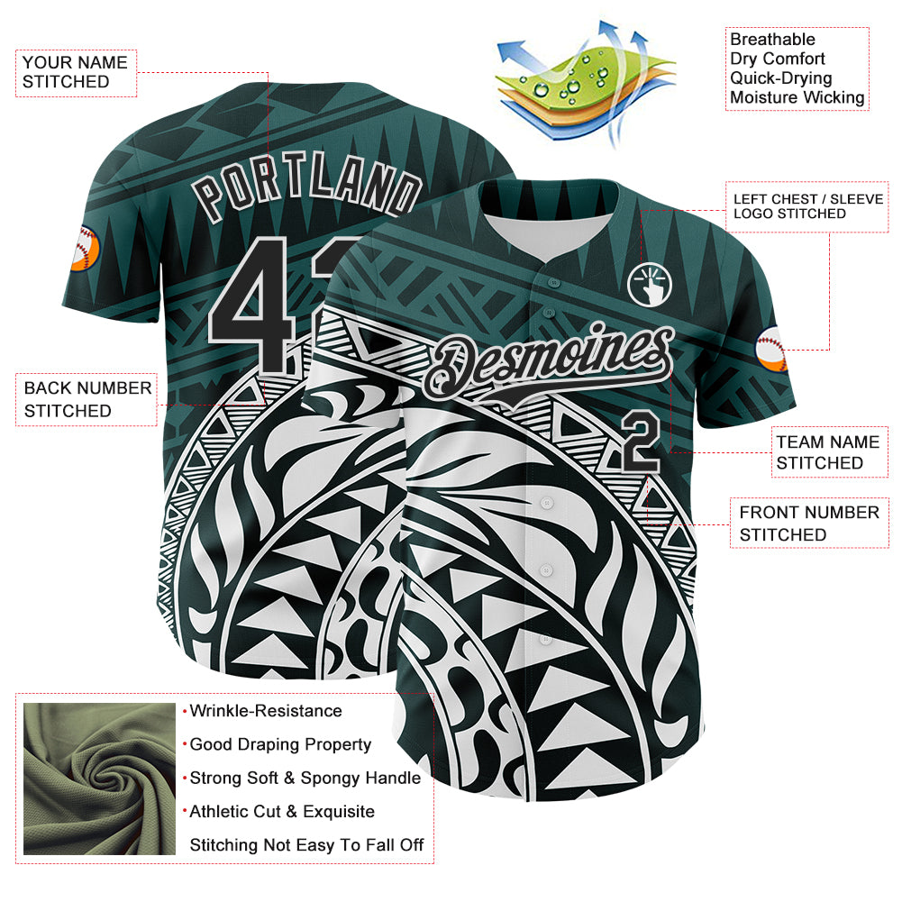 Custom Teal Black-White 3D Polynesian Style Islander Authentic Baseball ...