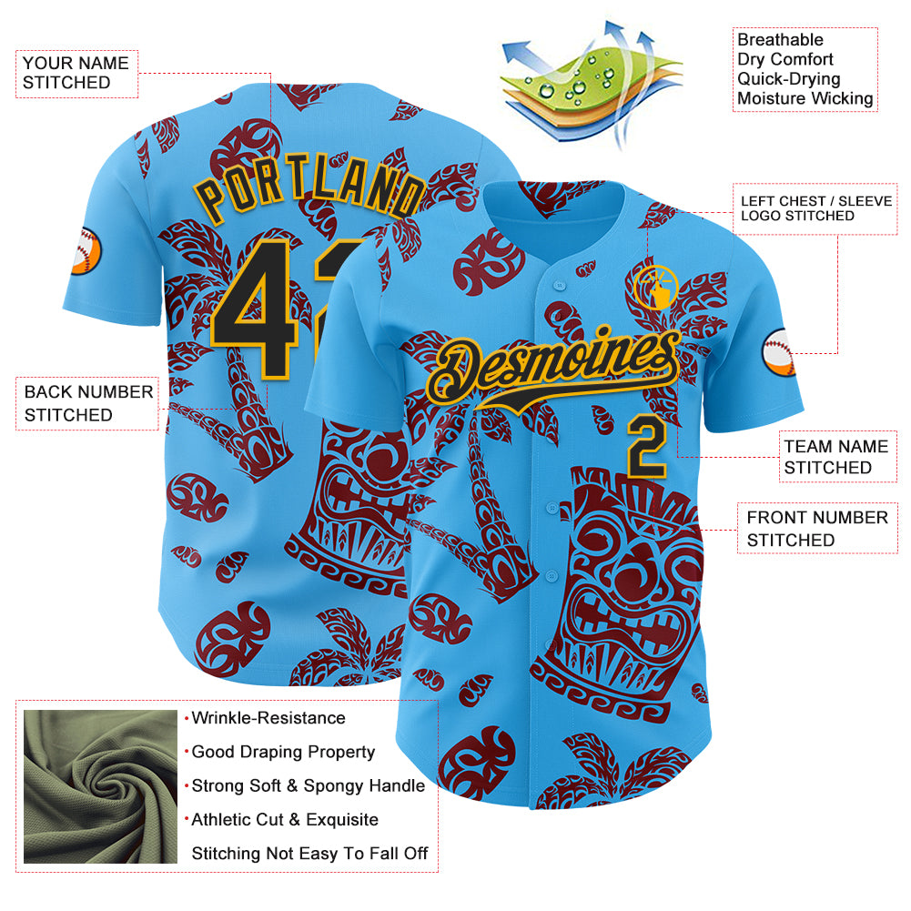Custom Sky Blue Black Crimson-Gold 3D Polynesian Style Tiki Culture ...