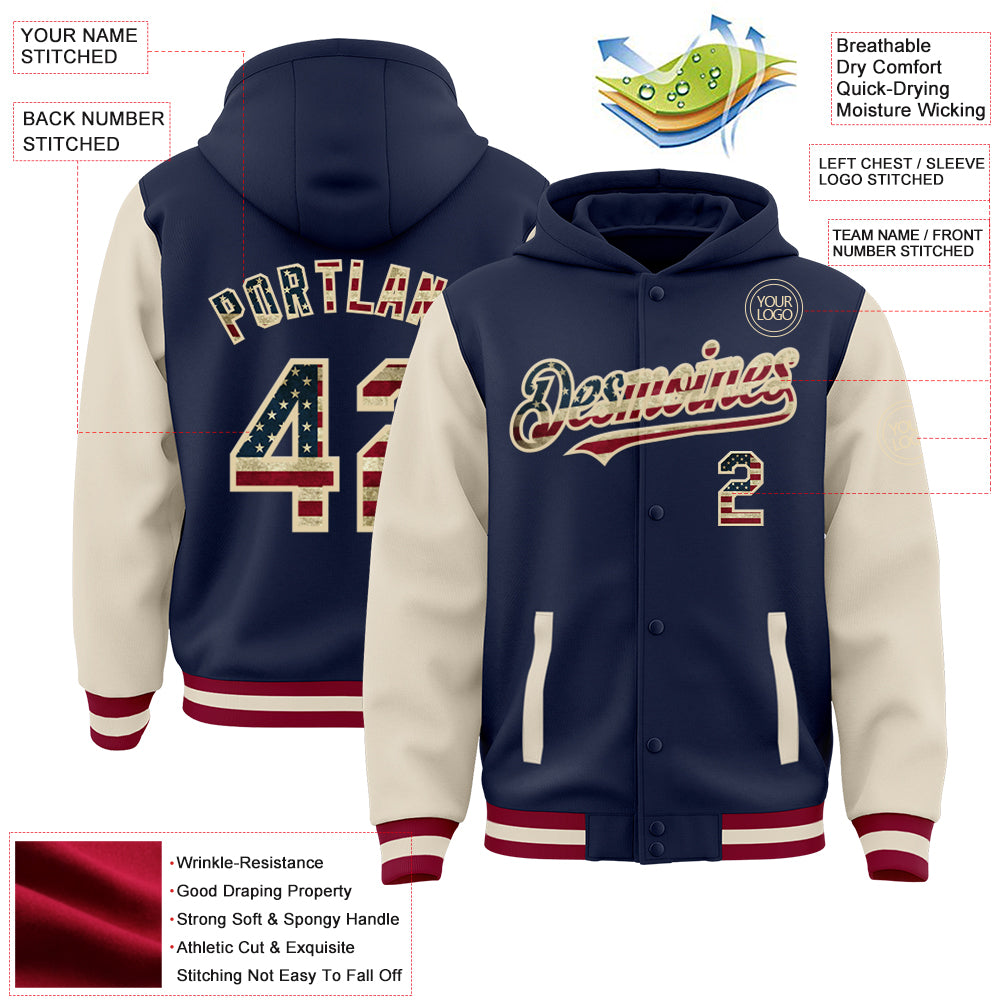 Custom Navy Vintage USA Flag Cream-Maroon Bomber Full-Snap Varsity ...