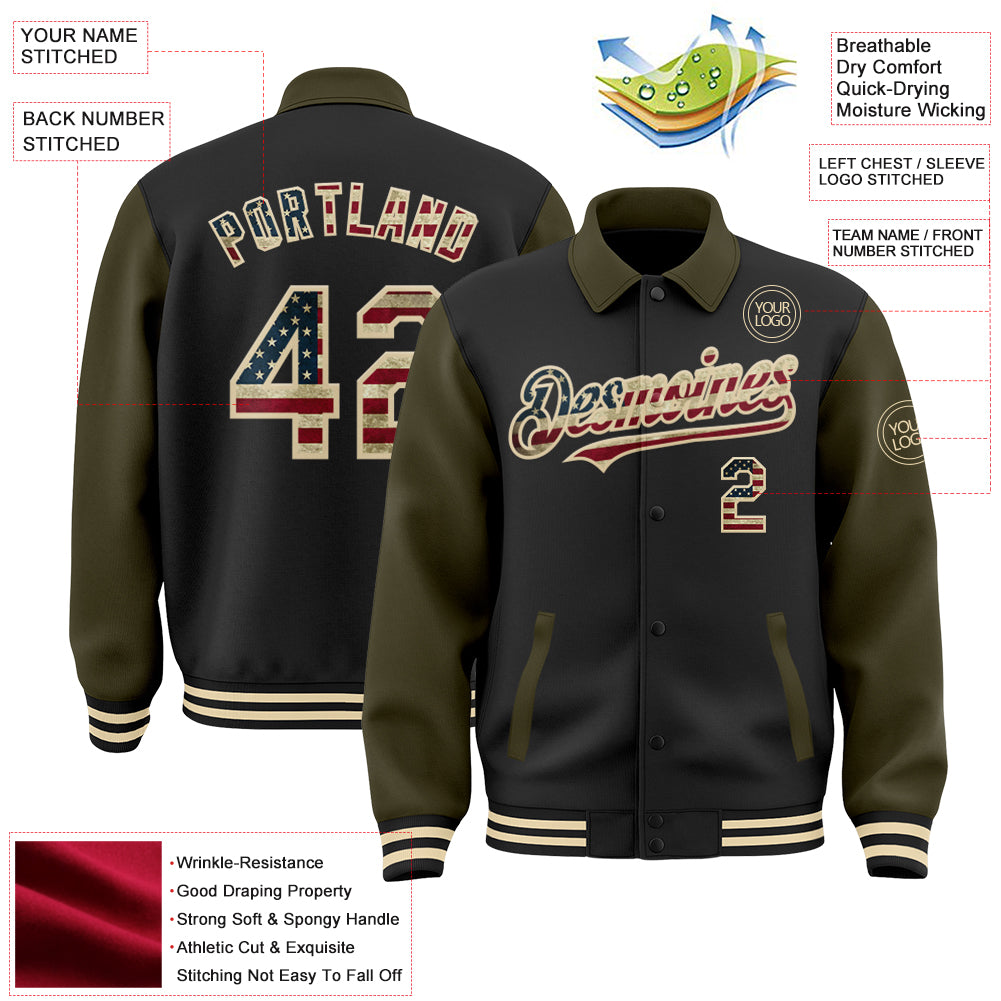 Custom Black Vintage USA Flag Olive-Cream Bomber Full-Snap Varsity ...