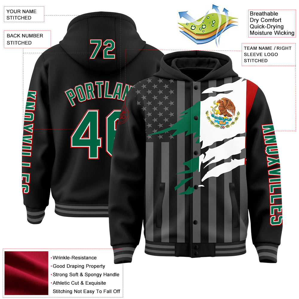Custom Black Kelly Green Red-Gray Mexico Mexican Flag 3D Bomber Full ...