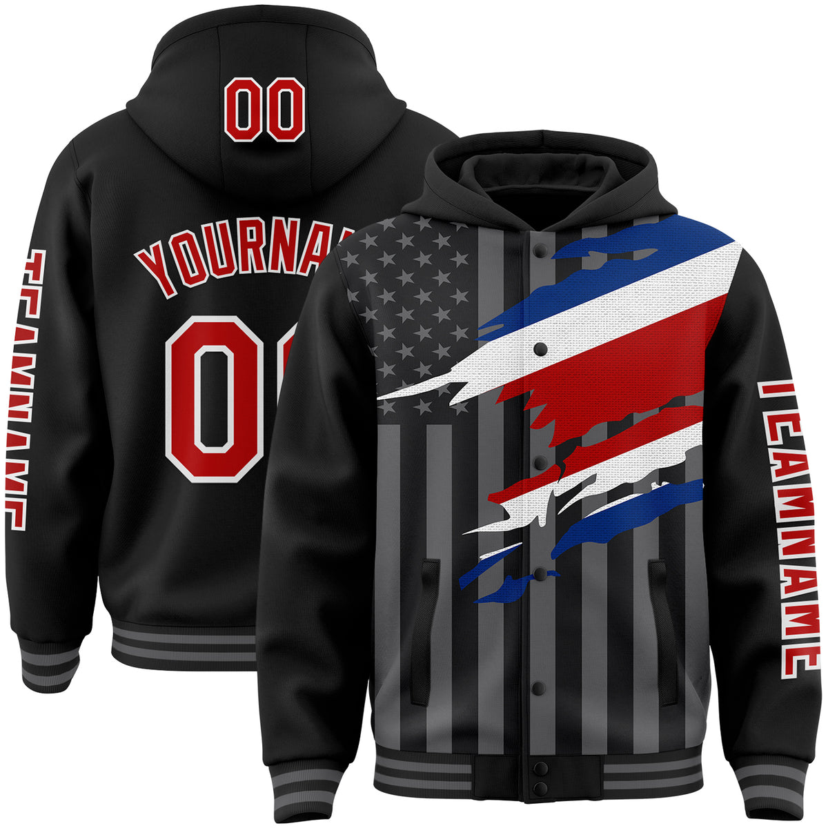 Custom Black Red-Gray Costa Rica Costa Rican Flag 3D Bomber Full-Snap ...