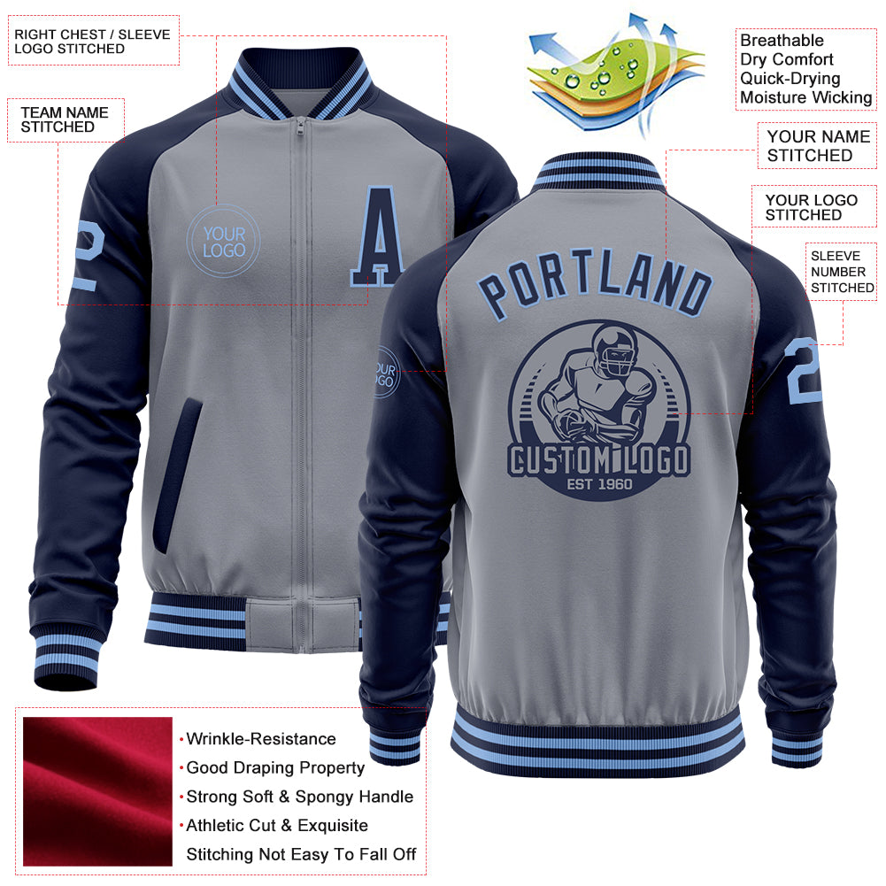 Custom Gray Light Blue-Navy Varsity Letterman Two Tone Zipper Jacket ...