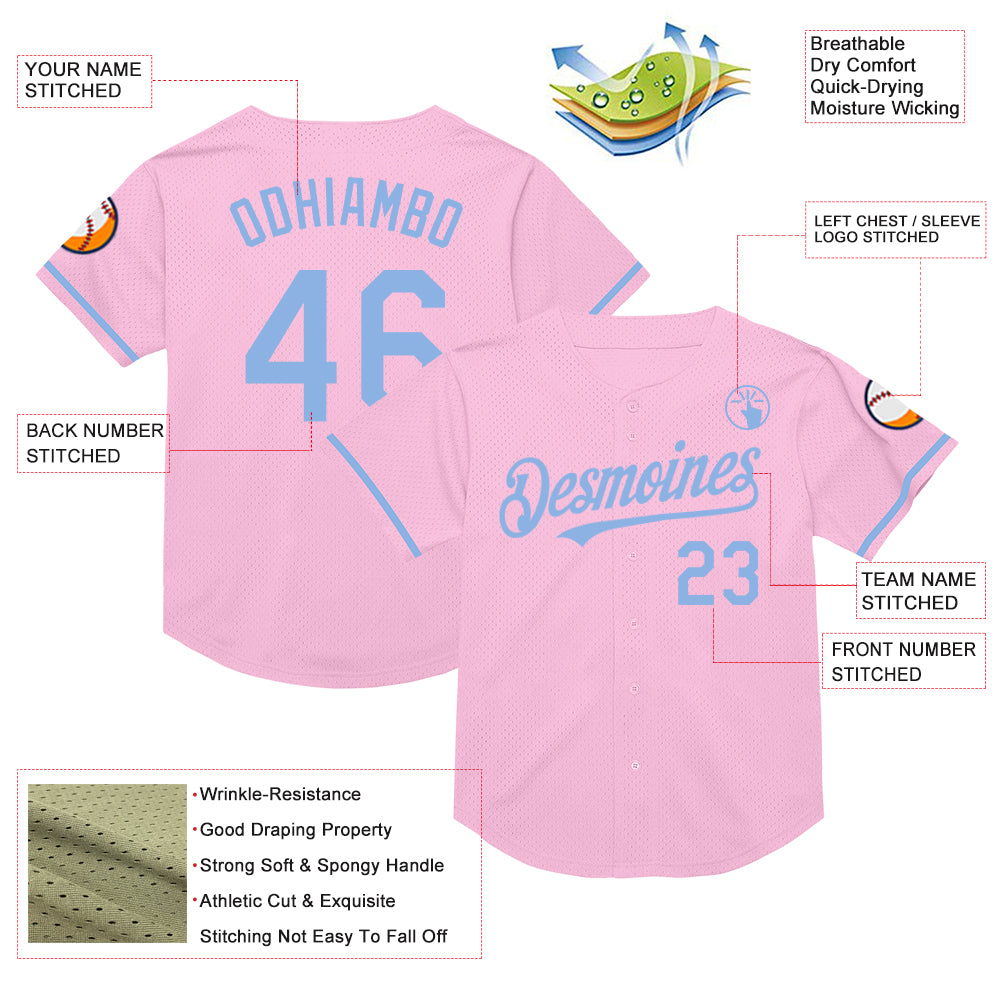 Custom Light Pink Light Blue Mesh Authentic Throwback Baseball Jersey ...