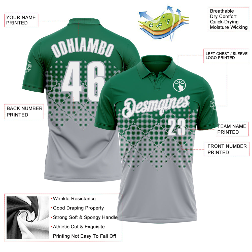 Custom Kelly Green White-Gray 3D Gradient Square Shape Performance Polo ...