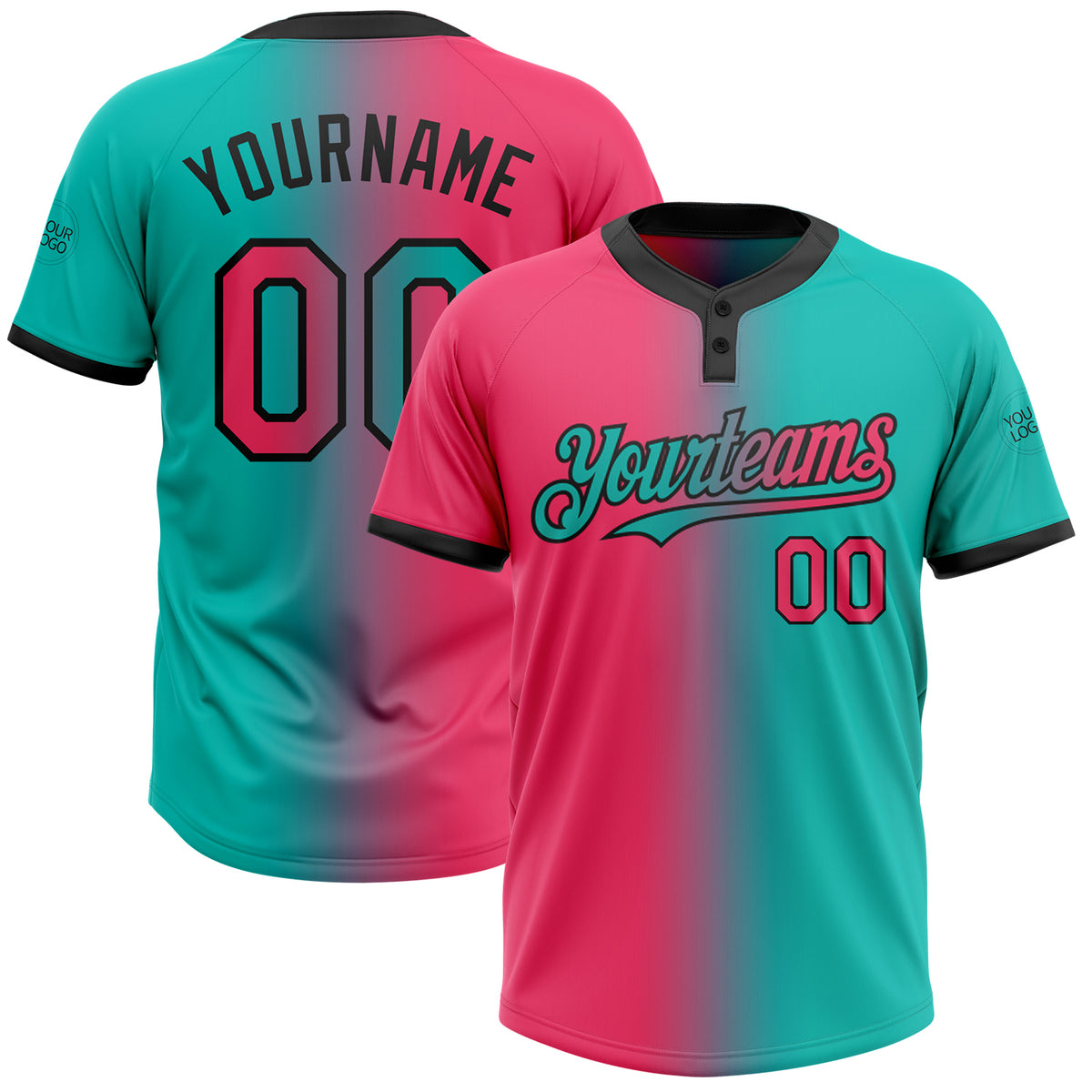 Custom Aqua Neon Pink-Black Gradient Fashion Two-Button Unisex Softball ...