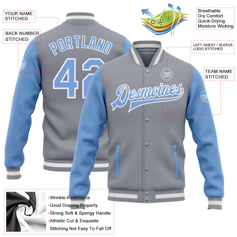 Custom Gray Light Blue-White Bomber Full-Snap Varsity Letterman Two ...
