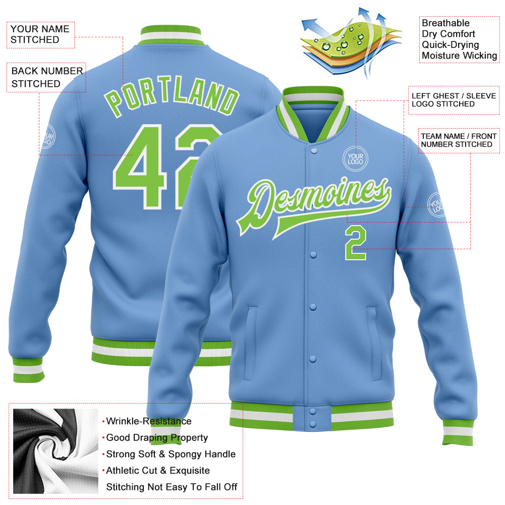 Custom Light Blue Neon Green-White Bomber Full-Snap Varsity Letterman ...