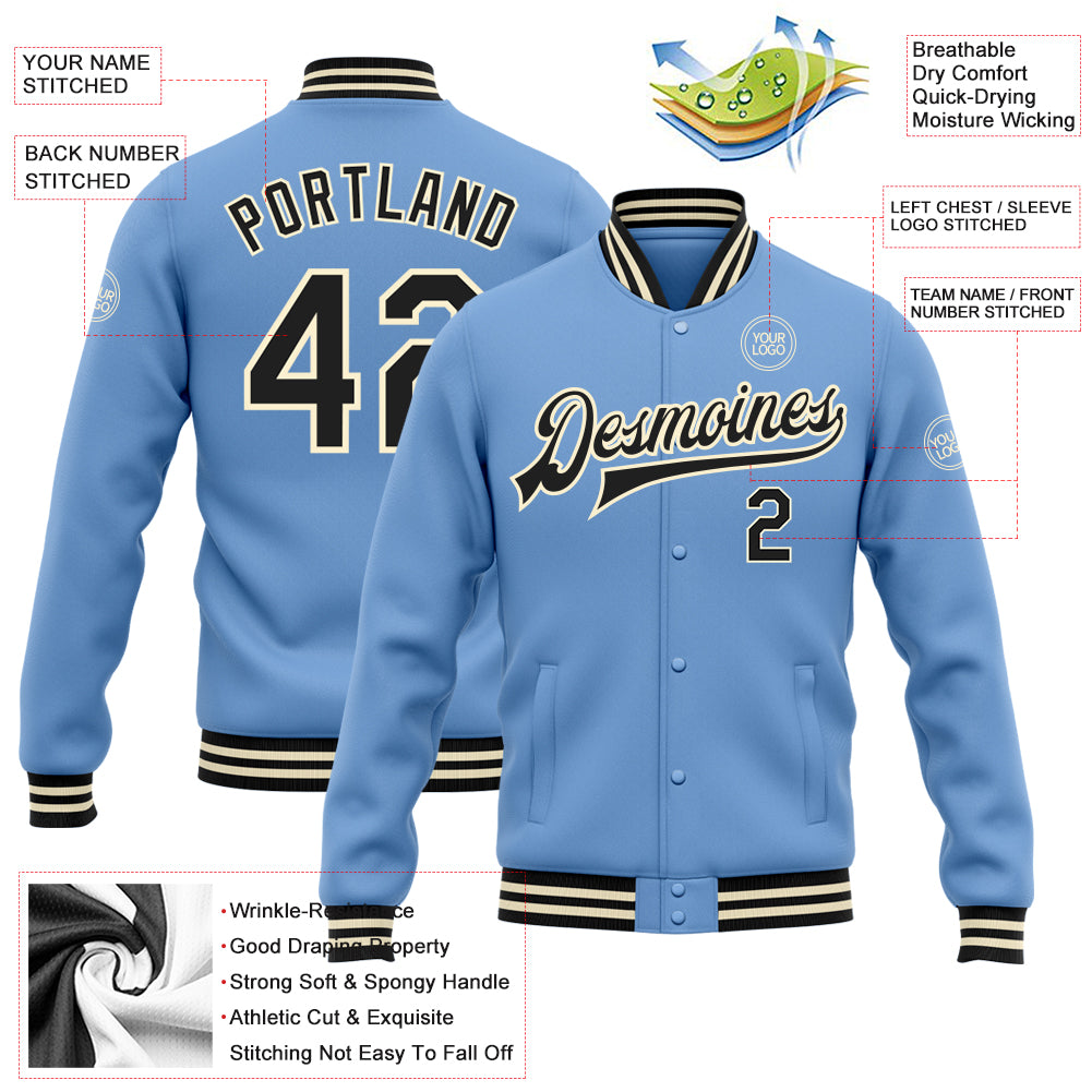 Custom Light Blue Black-Cream Bomber Full-Snap Varsity Letterman Jacket ...