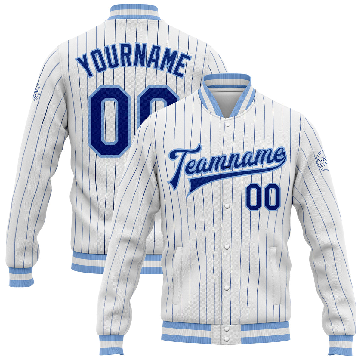 Custom White Royal Pinstripe Light Blue Bomber Full-Snap Varsity ...