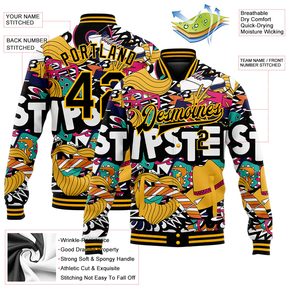 Custom Graffiti Pattern Black-Gold Hipster Lifestyle 3D Bomber Full ...