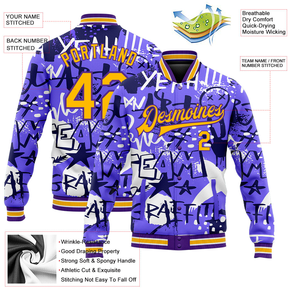 Custom Graffiti Pattern Gold-Purple Grunge Street Art 3D Bomber Full ...