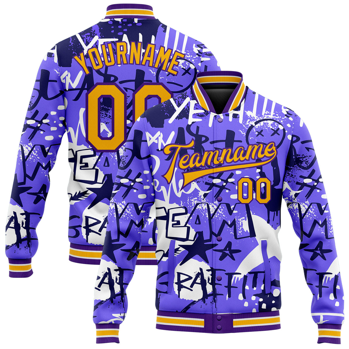 Custom Graffiti Pattern Gold-Purple Grunge Street Art 3D Bomber Full ...