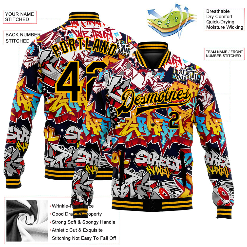Custom Graffiti Pattern Black-Gold Grunge Urban Street Art 3D Bomber ...