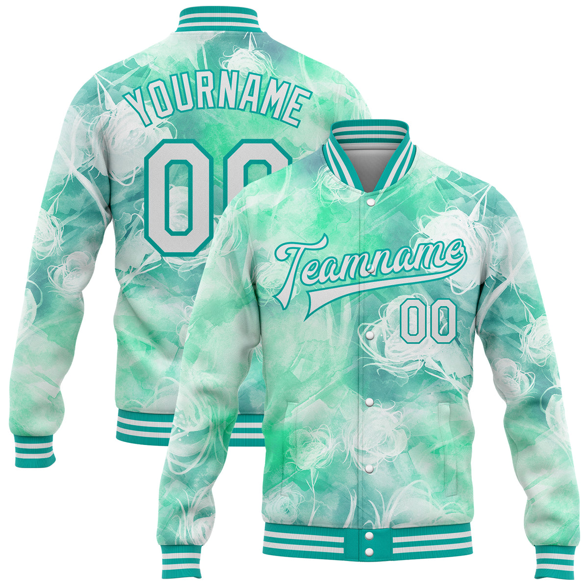 Aqua White Halo Rose Custom Varsity Jacket - 3D Design Letterman | DIYOJ