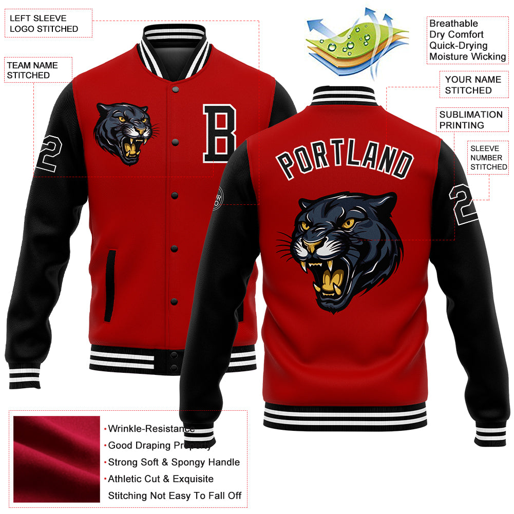 Custom Red Black-White 3D Pattern Design Bomber Full-Snap Varsity ...