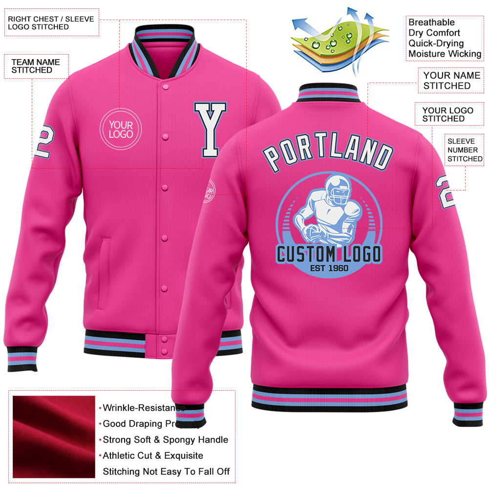 Custom Pink White Light Blue-Black Bomber Full-Snap Varsity Letterman ...
