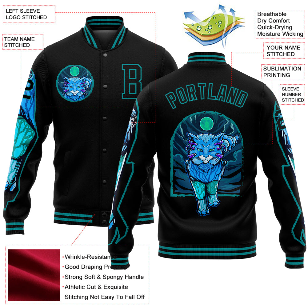 Custom Black Teal Leopard 3D Pattern Design Bomber Full-Snap Varsity ...