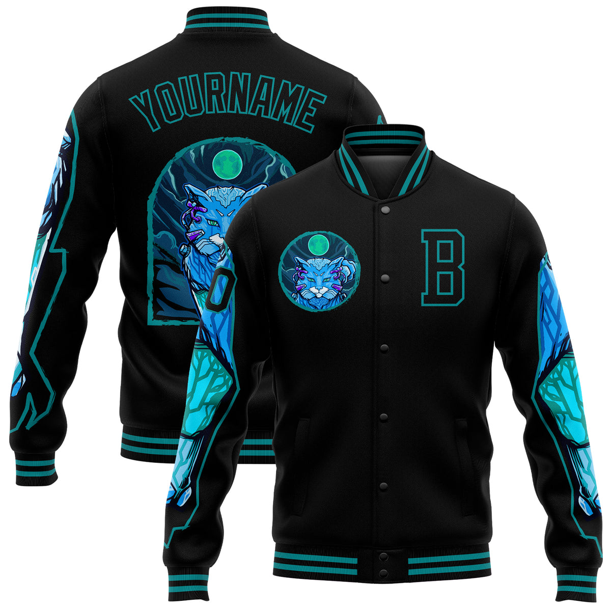 Custom Black Teal Leopard 3D Pattern Design Bomber Full-Snap Varsity ...