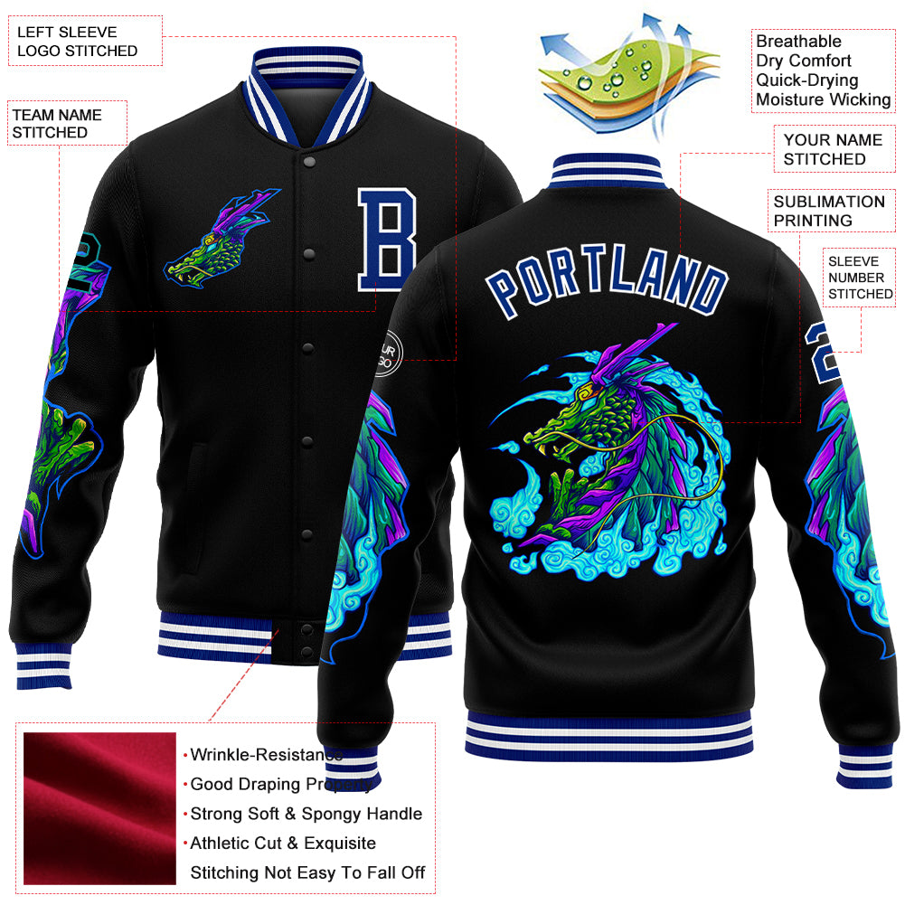 Custom Black Royal-White Dragon 3D Pattern Design Bomber Full-Snap ...