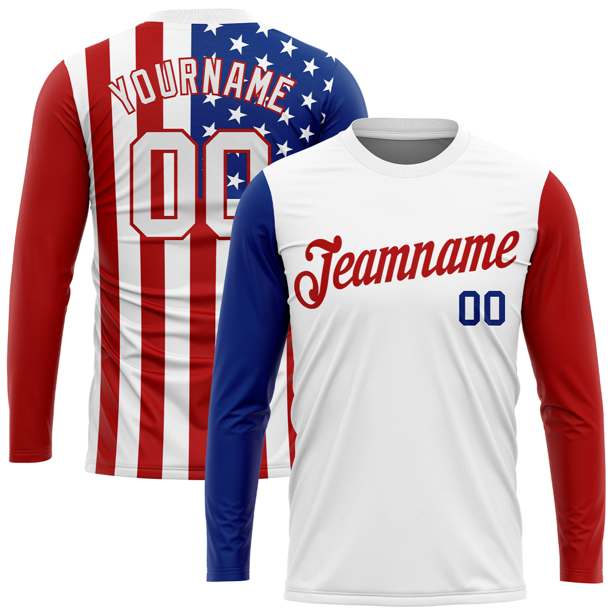 Custom White White Red-Royal American Flag Fashion 3D Long Sleeve ...