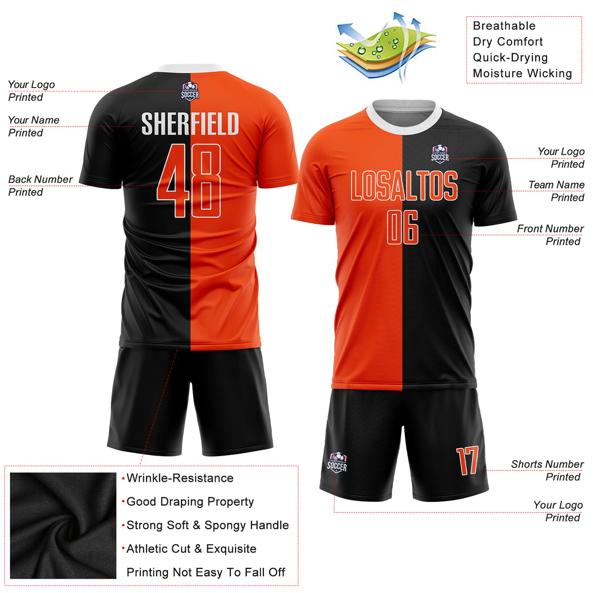 Custom Black Orange-White Sublimation Split Fashion Soccer Uniform ...