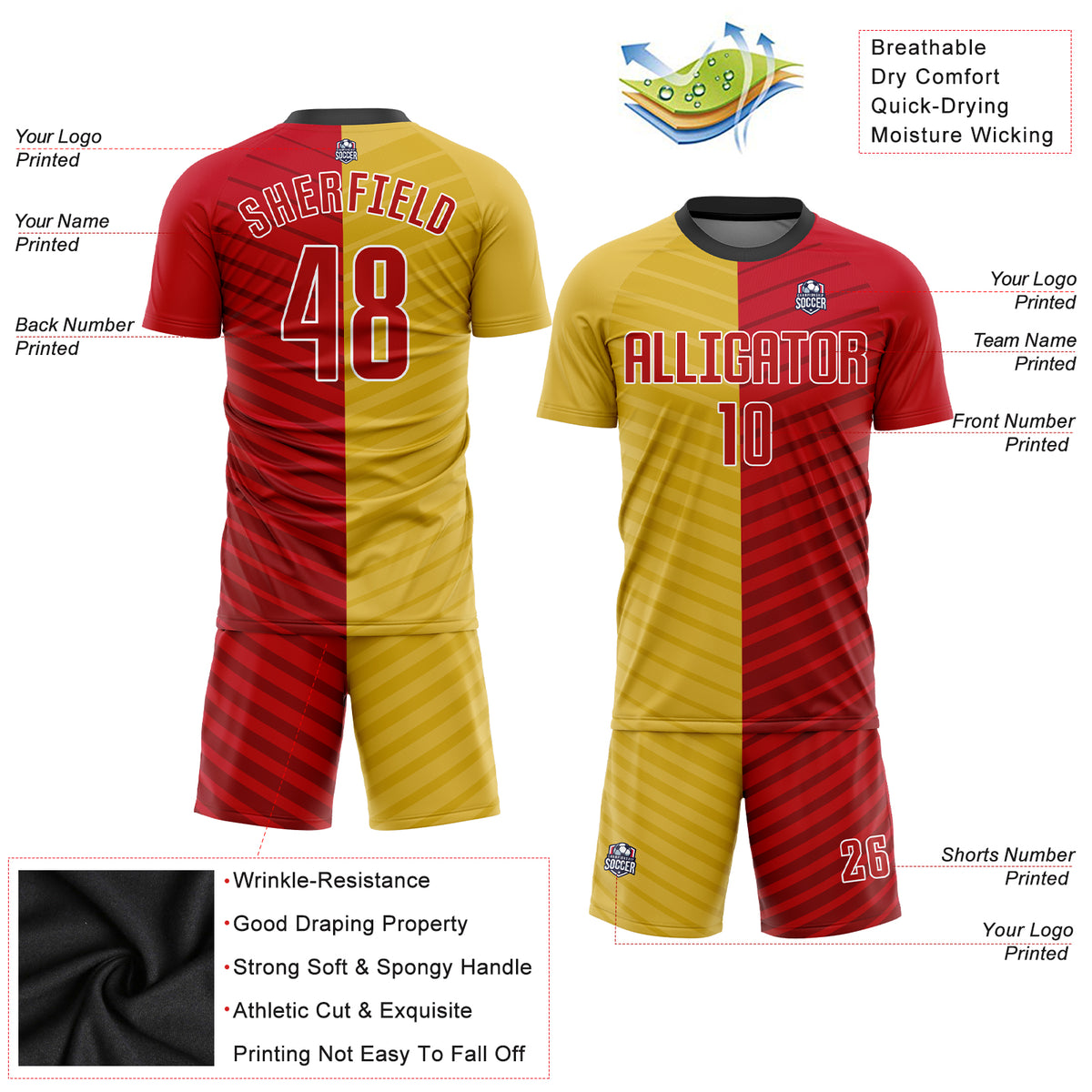 Custom Gold Red-White Sublimation Soccer Uniform Jersey Free Shipping ...