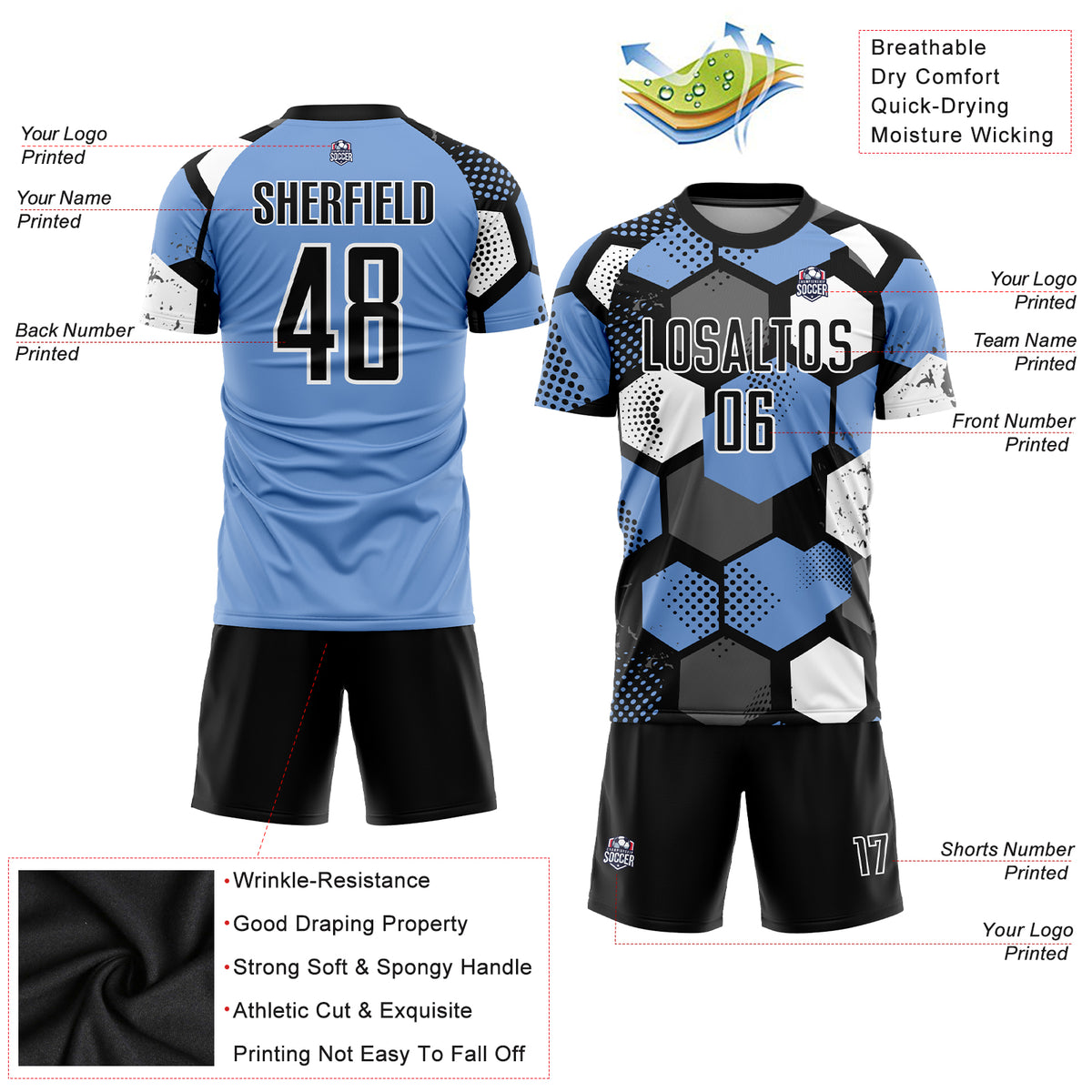 Custom Light Blue Black-White Sublimation Soccer Uniform Jersey Free ...