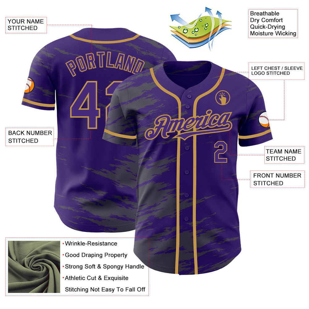 Custom Purple Steel Gray Splash Ink Old Gold Authentic Baseball Jersey ...