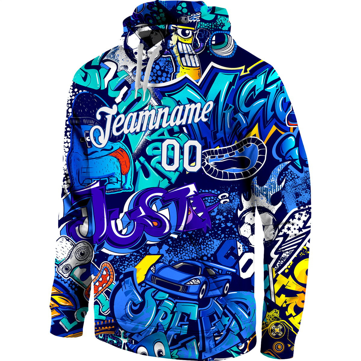Custom Stitched Graffiti Pattern White-Royal 3D Sports Pullover ...