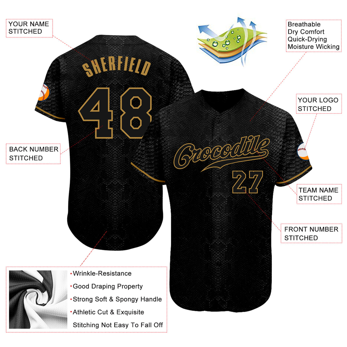 Custom Black Snakeskin Black-Old Gold Authentic Baseball Jersey Free ...